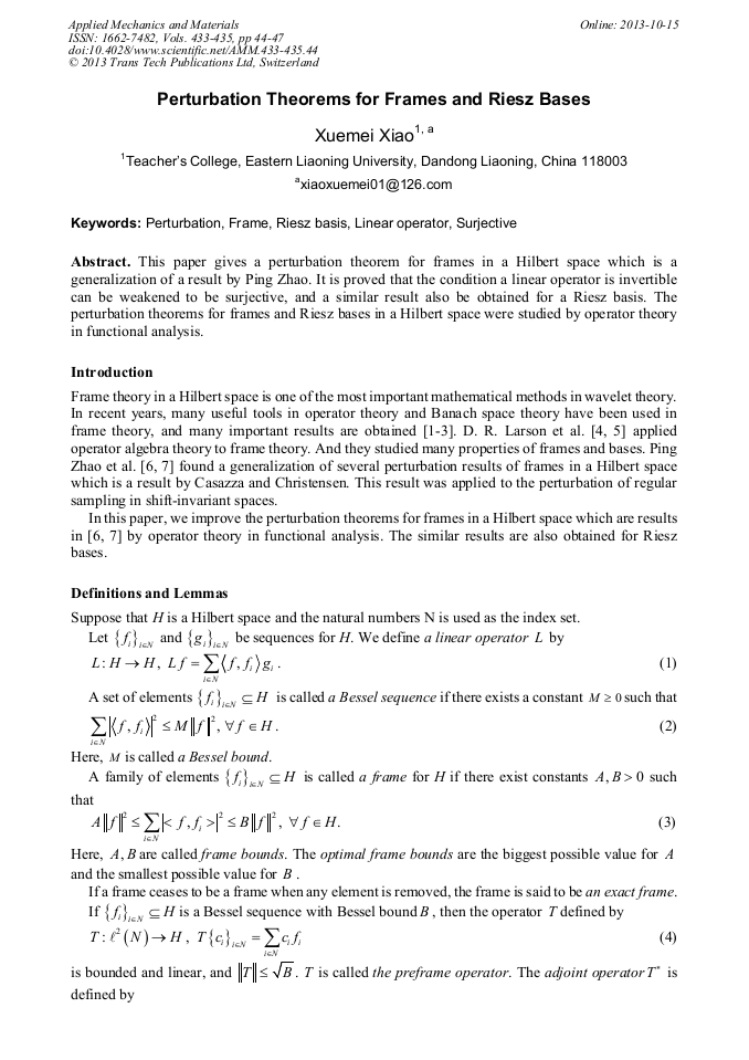 Perturbation Theorems for Frames and Riesz Bases | Scientific.Net