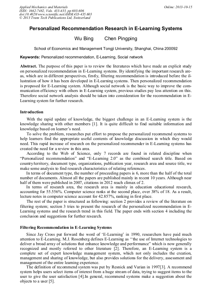 Personalized Recommendation Research in E-Learning Systems | Scientific.Net