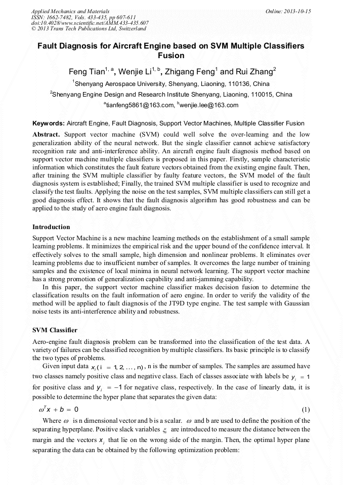 Fault Diagnosis for Aircraft Engine Based on SVM Multiple Classifiers ...