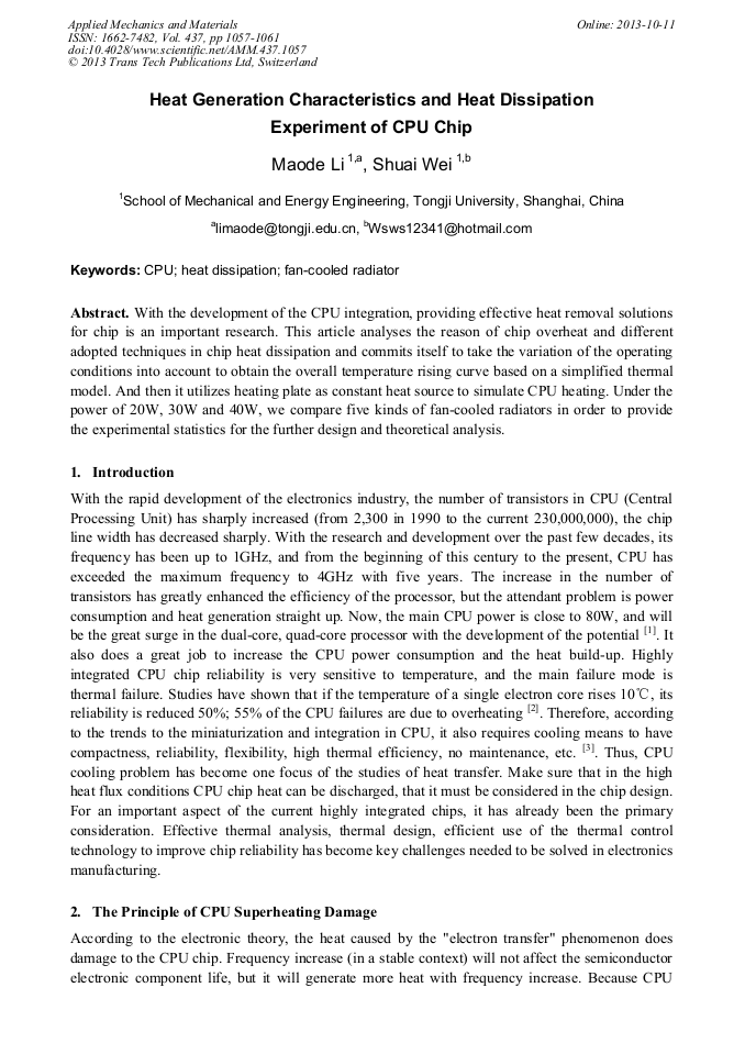 Heat Generation Characteristics and Heat Dissipation Experiment of CPU ...