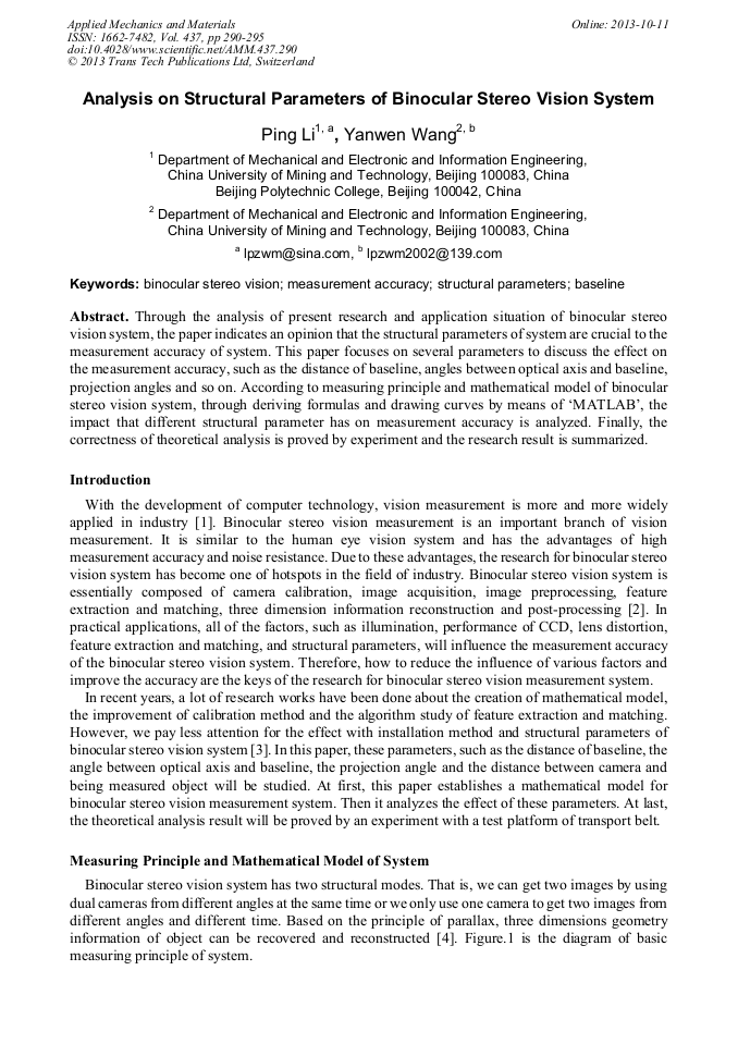 Analysis on Structural Parameters of Binocular Stereo Vision System ...