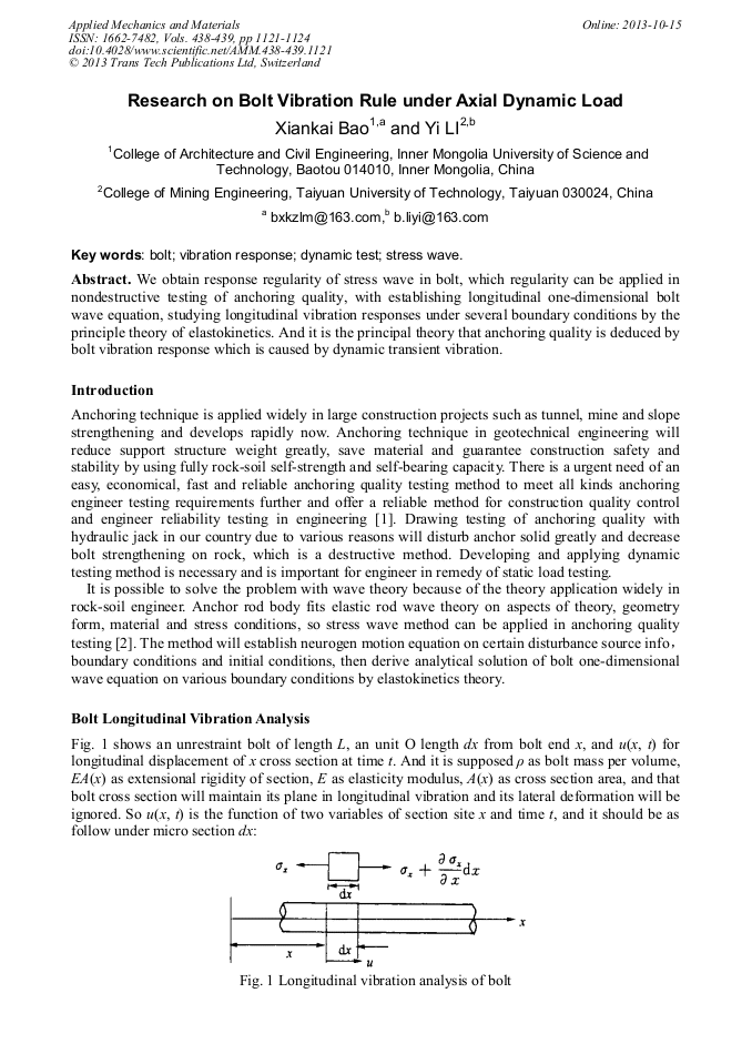 Research on Bolt Vibration Rule under Axial Dynamic Load | Scientific.Net