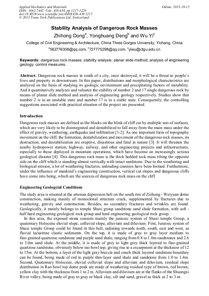 Stability Analysis of Dangerous Rock Masses | Scientific.Net