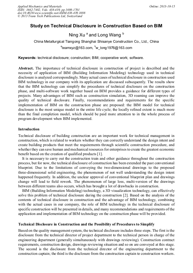 Study on Technical Disclosure in Construction Based on BIM | Scientific.Net