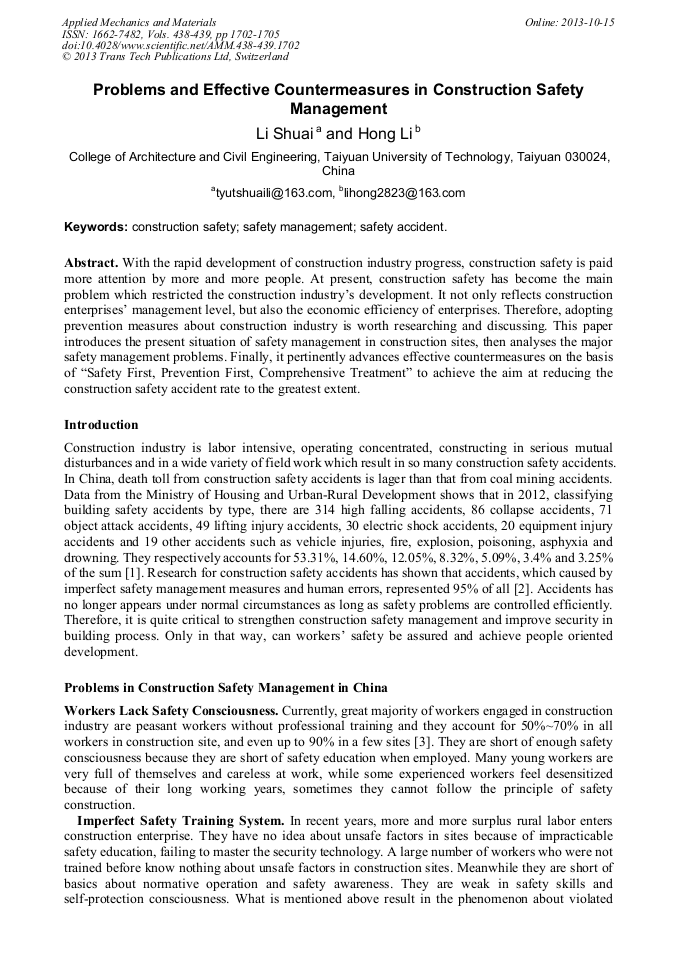 Problems and Effective Countermeasures in Construction Safety ...