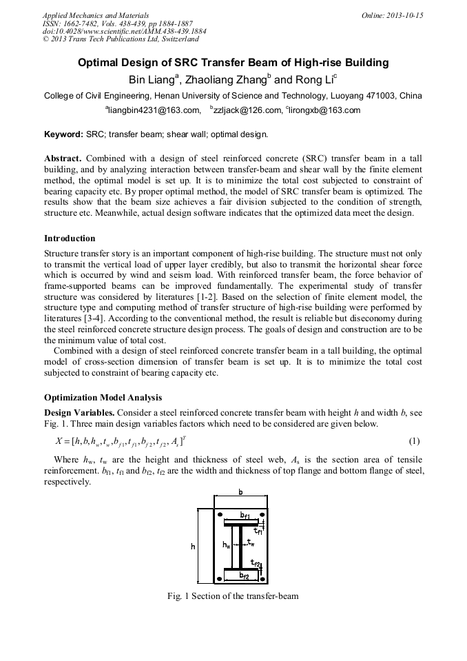 Optimal Design of SRC Transfer Beam of High-Rise Building | Scientific.Net