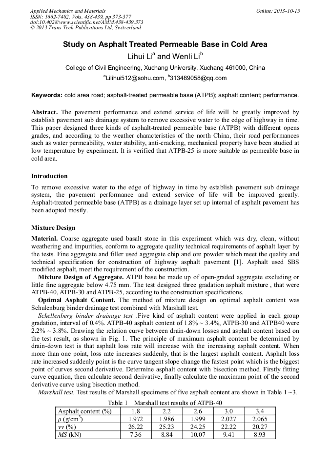 Study on Asphalt Treated Permeable Base in Cold Area | Scientific.Net