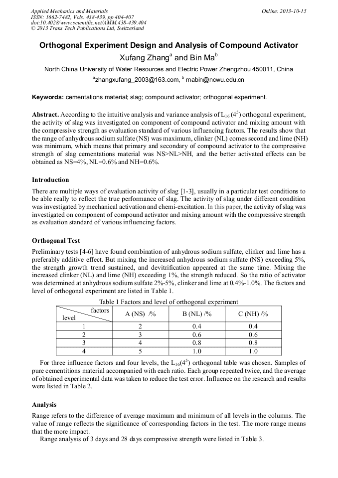 Orthogonal Experiment Design and Analysis of Compound Activator ...