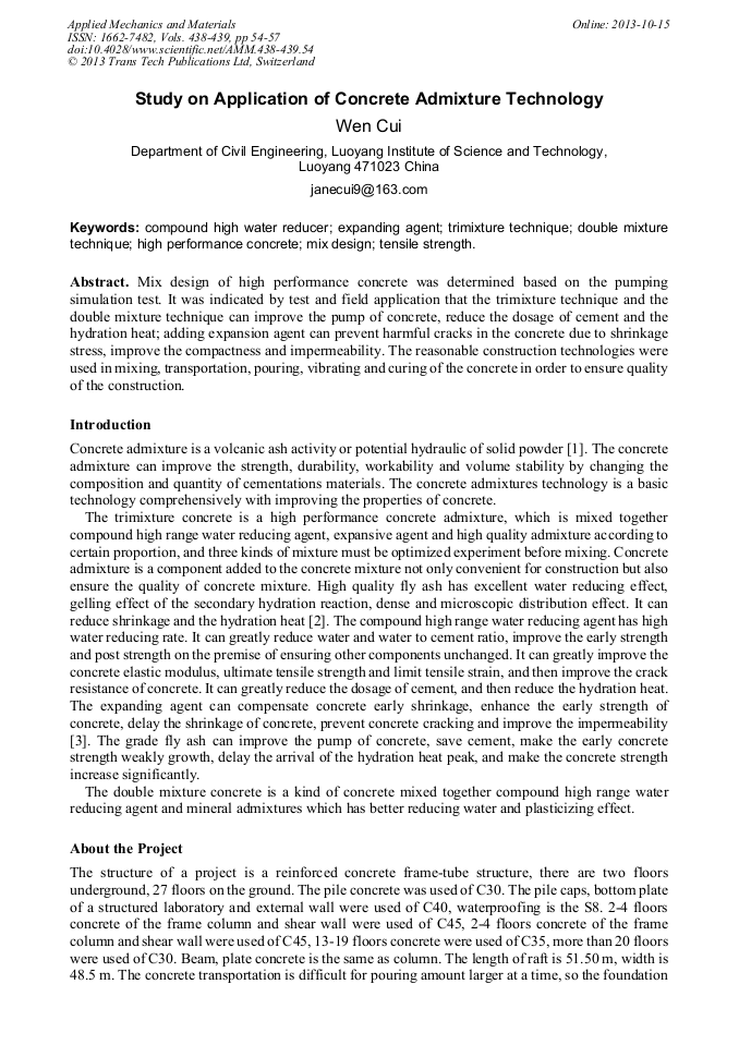 Study on Application of Concrete Admixture Technology | Scientific.Net