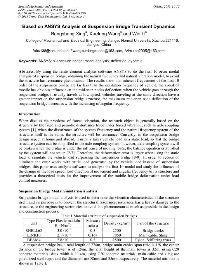 Based on ANSYS Analysis of Suspension Bridge Transient Dynamics ...