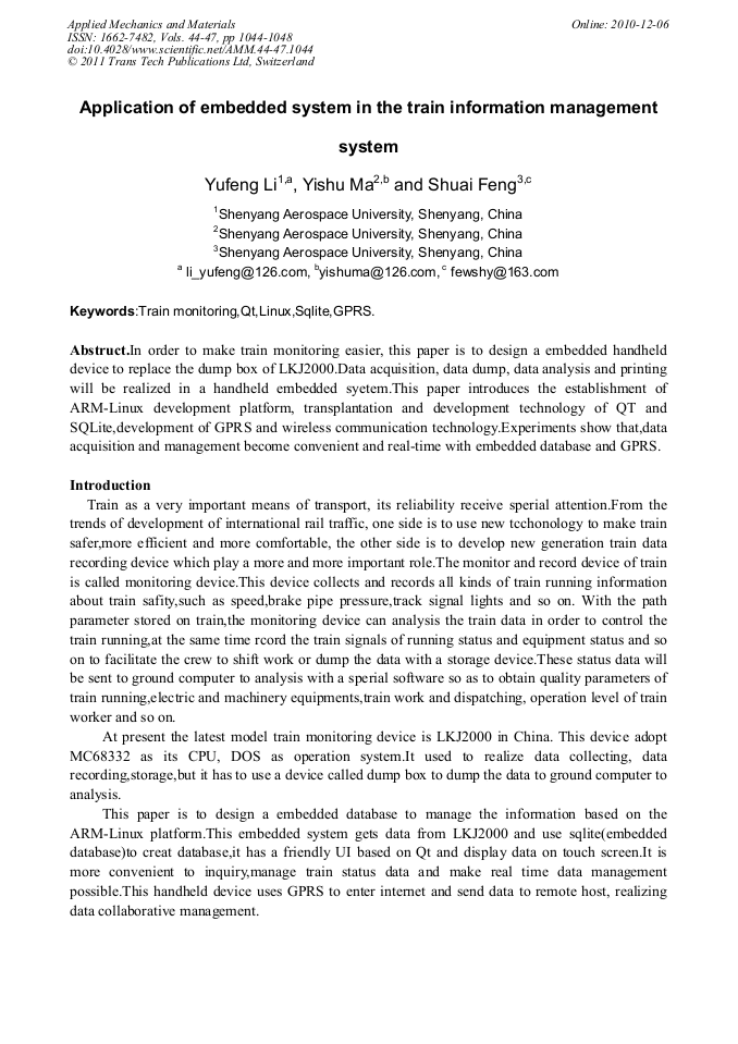 Application of Embedded System in the Train Information Management System | Scientific.Net