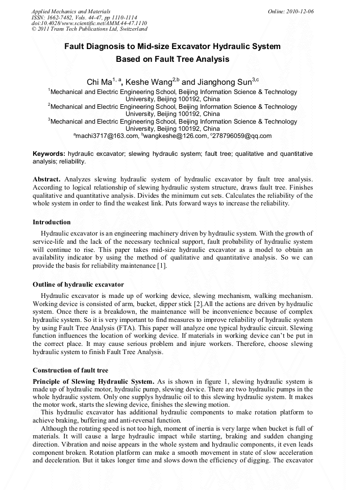 Fault Diagnosis to Mid-Size Excavator Hydraulic System Based on Fault ...