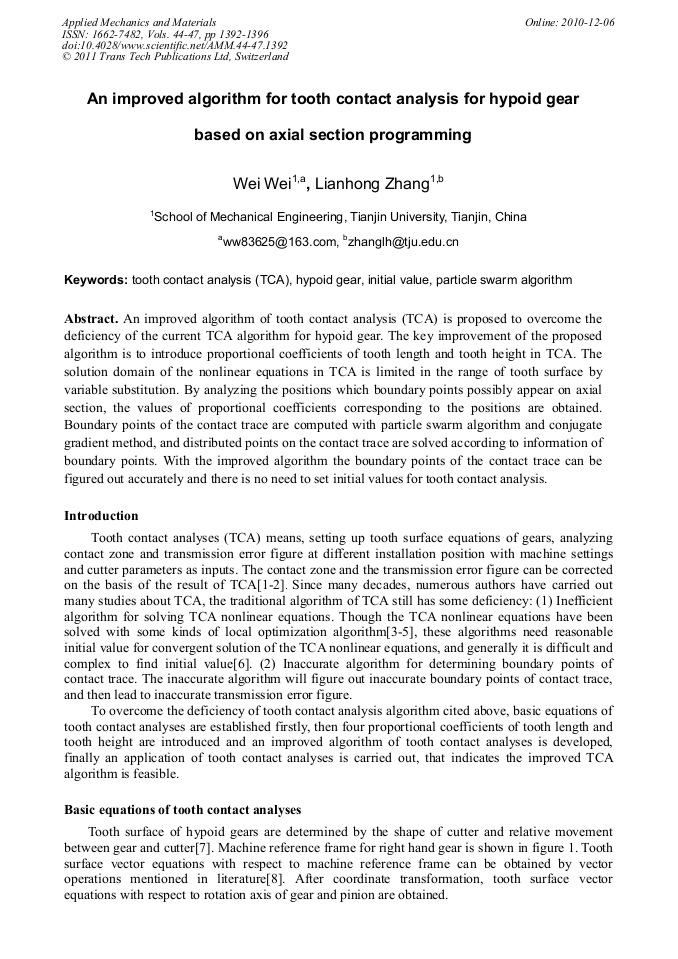 An Improved Algorithm for Tooth Contact Analysis for Hypoid Gear Based ...