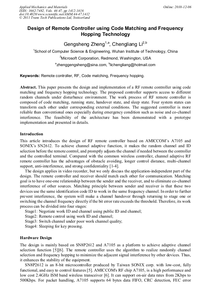 Design of Remote Controller Using Code Matching and Frequency Hopping ...