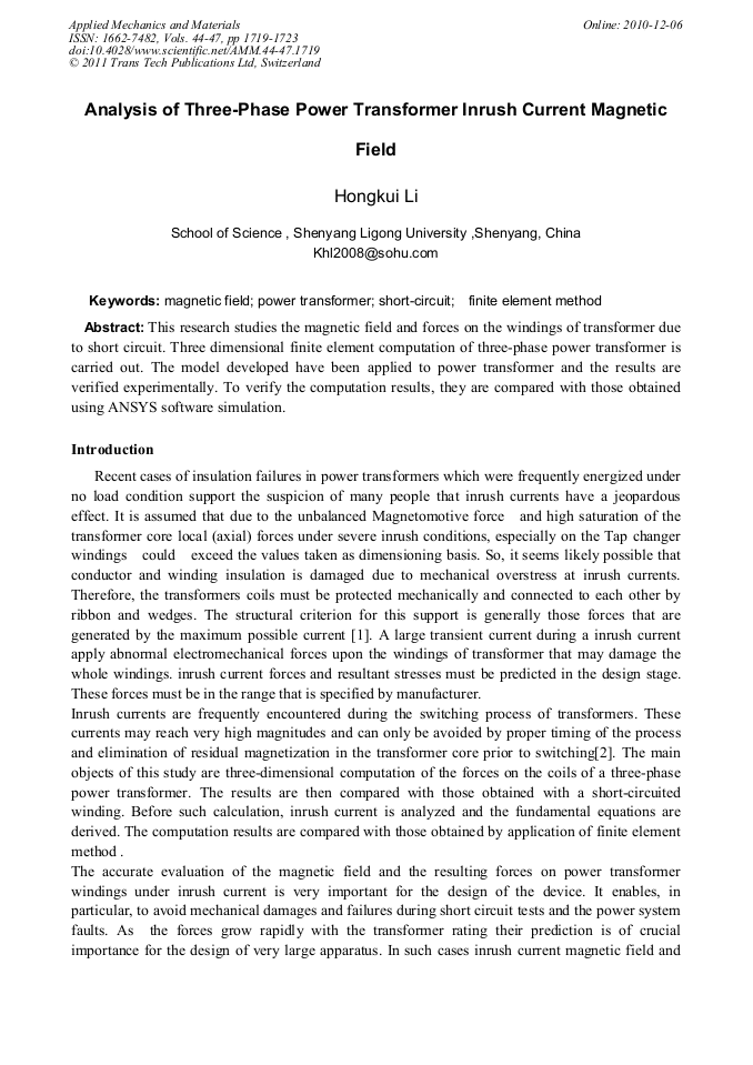 Analysis of Three-Phase Power Transformer Inrush Current Magnetic Field ...