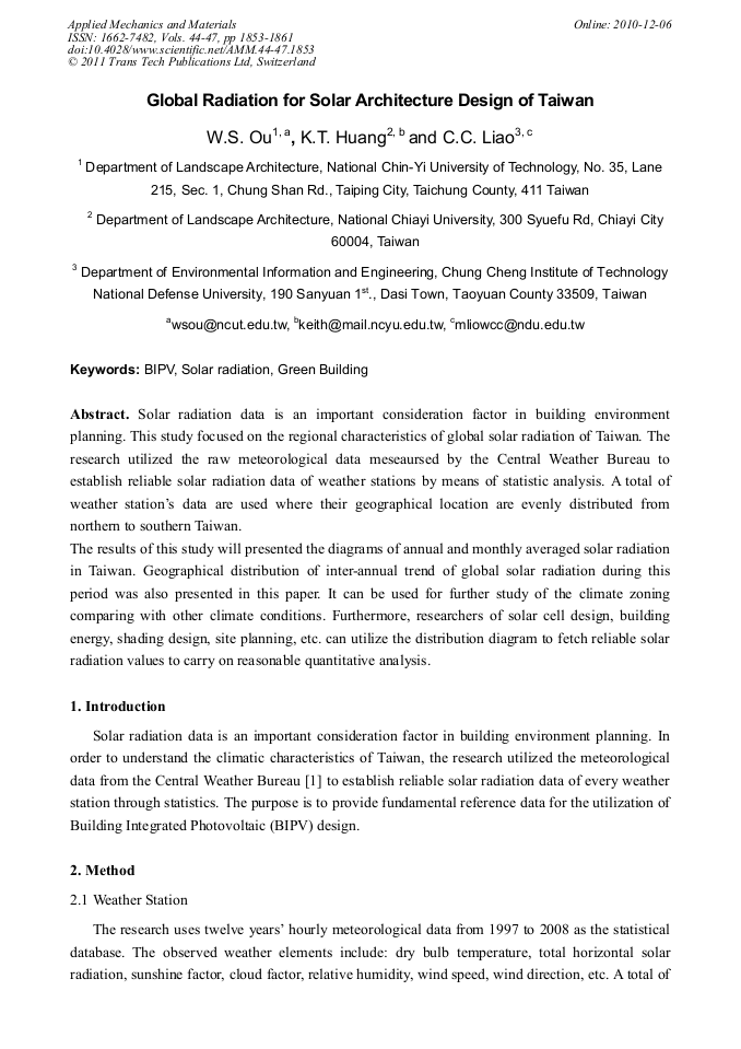 Global Radiation for Solar Architecture Design of Taiwan | Scientific.Net