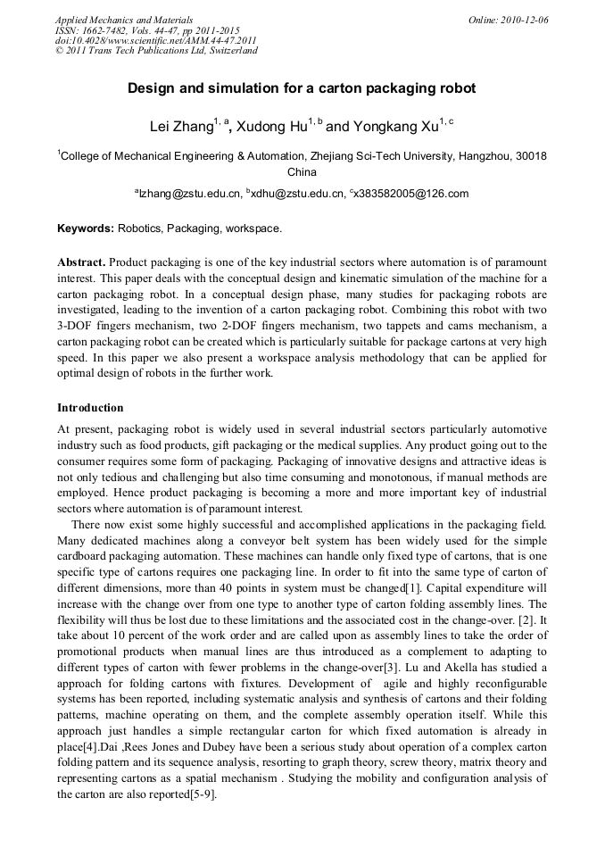 Design and Simulation for a Carton Packaging Robot | Scientific.Net