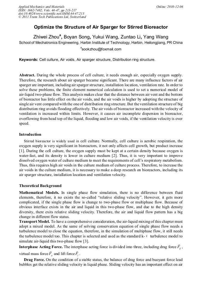 Optimize the Structure of Air Sparger for Stirred Bioreactor ...