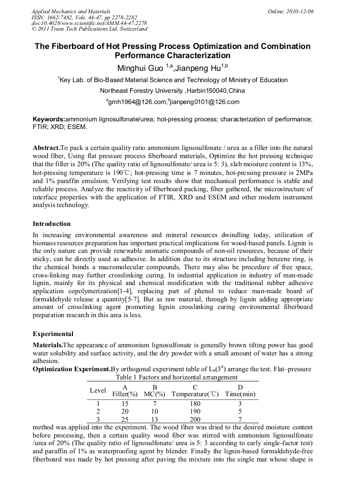 The Fiberboard of Hot Pressing Process Optimization and Combination ...