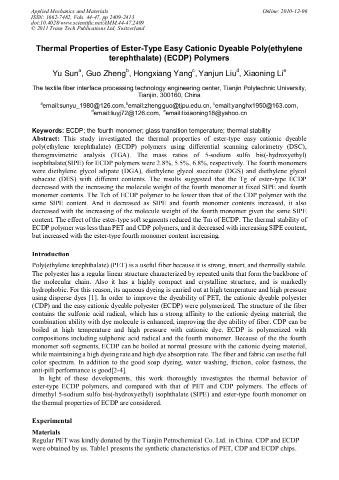Thermal Properties of Ester-Type Easy Cationic Dyeable Poly(ethylene ...