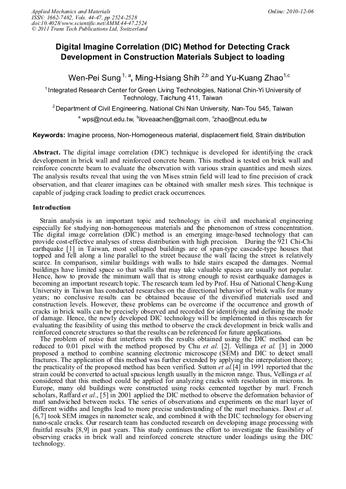 Digital Imagine Correlation (DIC) Method for Detecting Crack ...