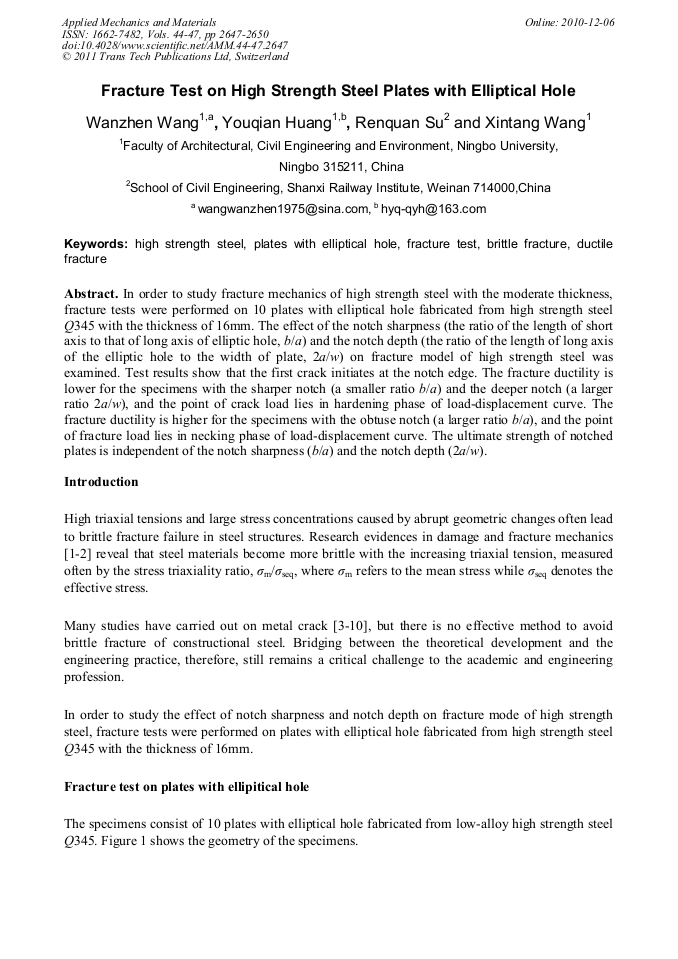 Fracture Test on High Strength Steel Plates with Elliptical Hole ...