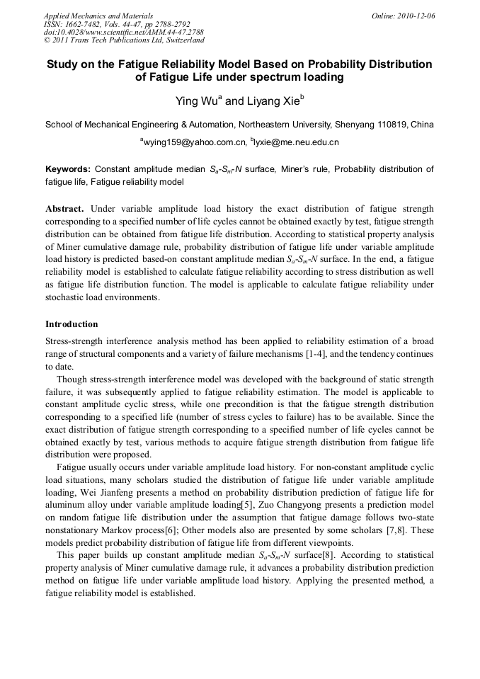 Study on the Fatigue Reliability Model Based on Probability ...