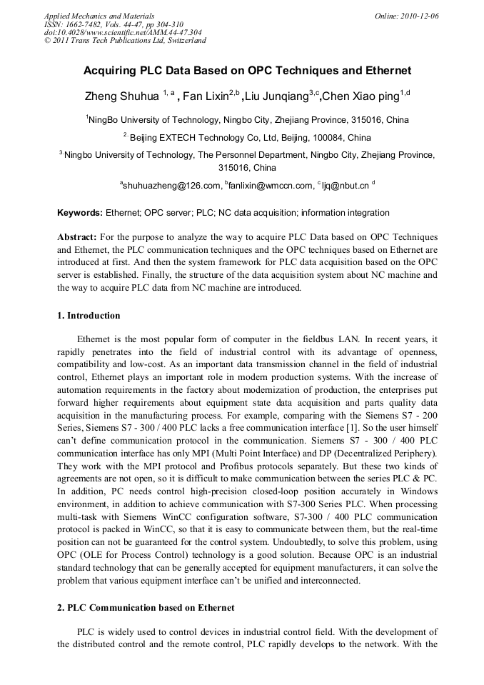 Acquiring PLC Data Based on OPC Techniques and Ethernet | Scientific.Net