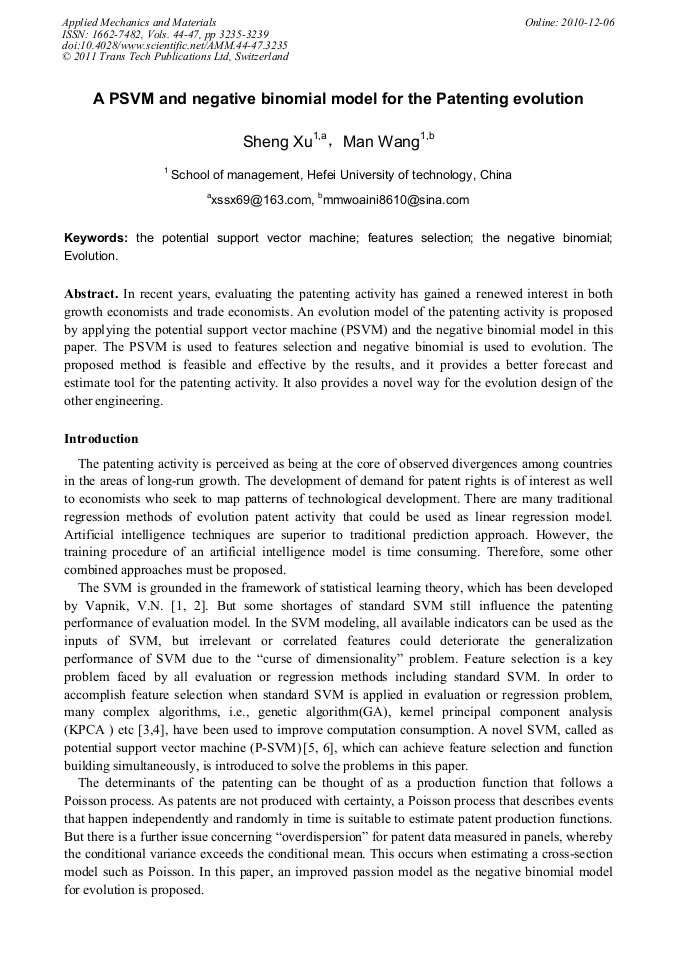 A PSVM and Negative Binomial Model for the Patenting Evolution ...