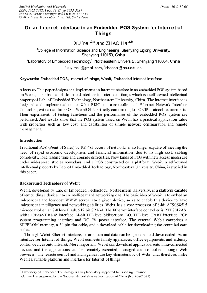 On an Internet Interface in an Embedded POS System for Internet of ...