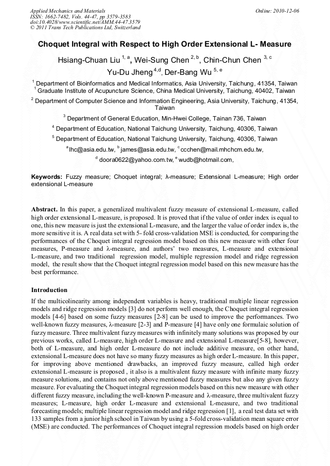 Choquet Integral with Respect to High Order Extensional L- Measure | Scientific.Net