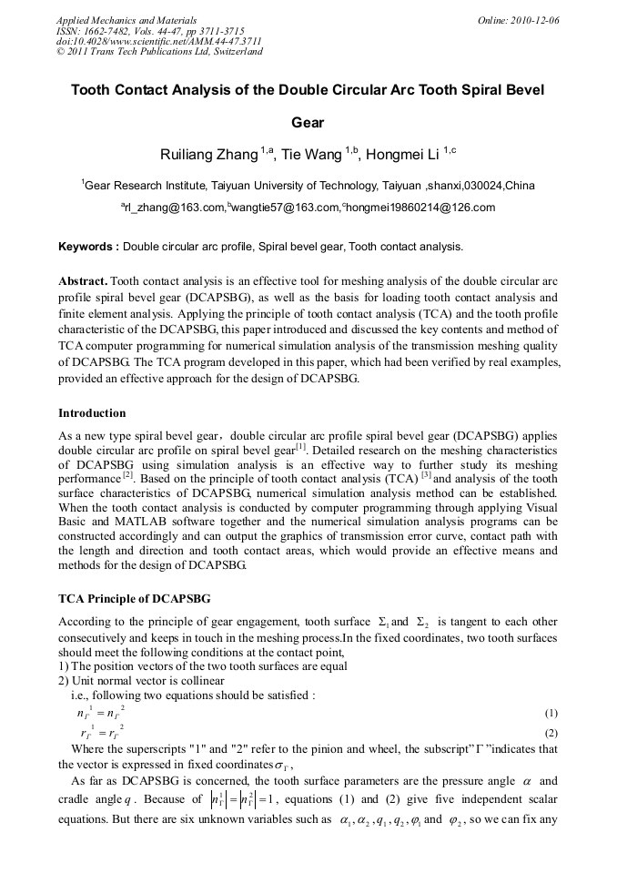 Tooth Contact Analysis of the Double Circular Arc Tooth Spiral Bevel ...