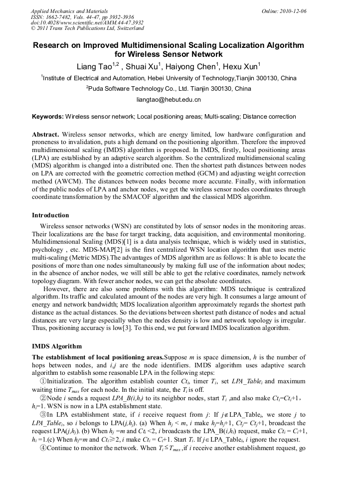 Research on Improved Multidimensional Scaling Localization Algorithm for Wireless Sensor Network ...