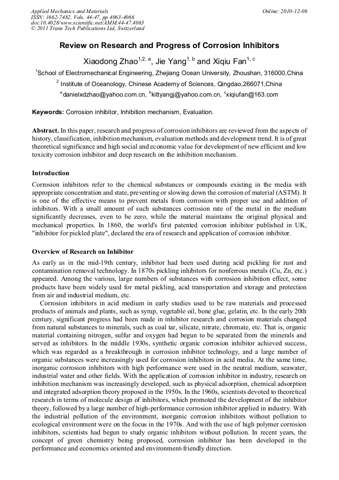 Review on Research and Progress of Corrosion Inhibitors | Scientific.Net