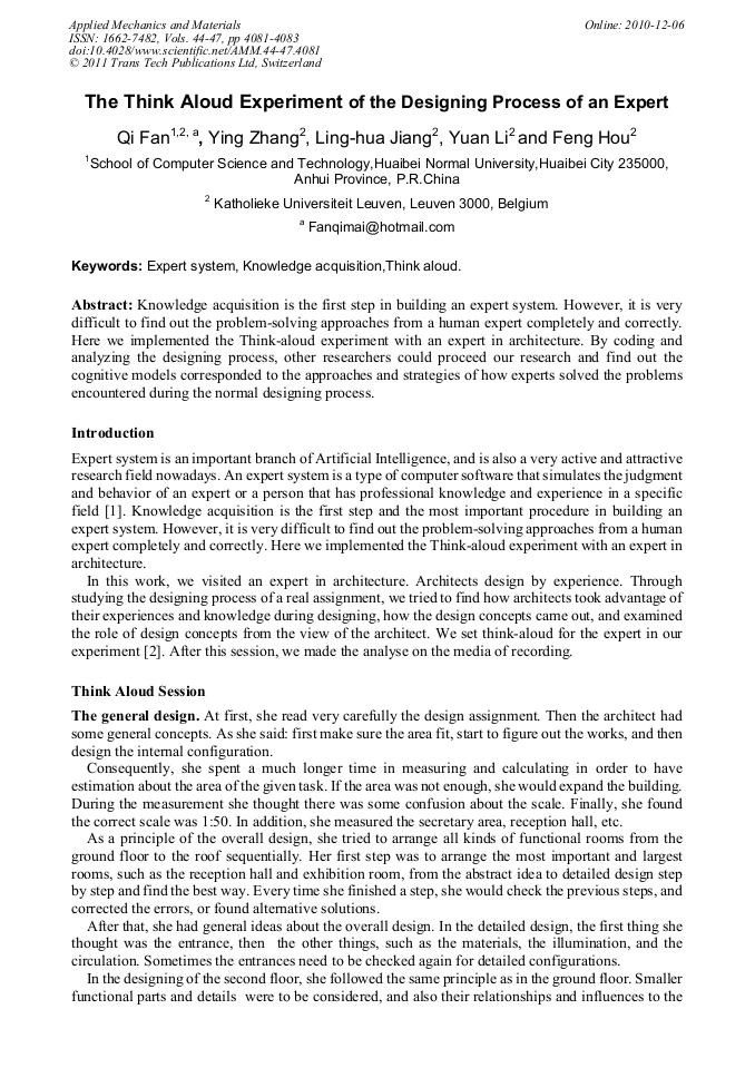 The Think Aloud Experiment of the Designing Process of an Expert ...