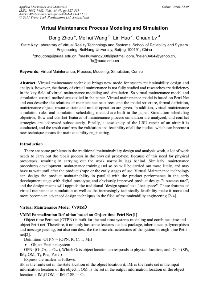 Virtual Maintenance Process Modeling and Simulation | Scientific.Net