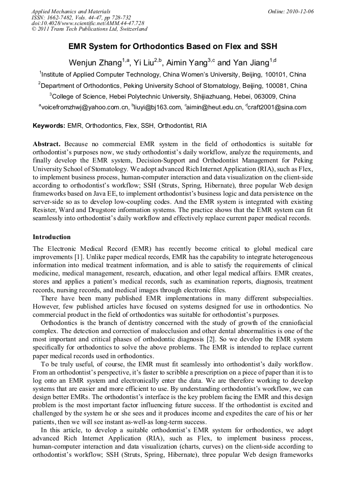 EMR System for Orthodontics Based on Flex and SSH | Scientific.Net