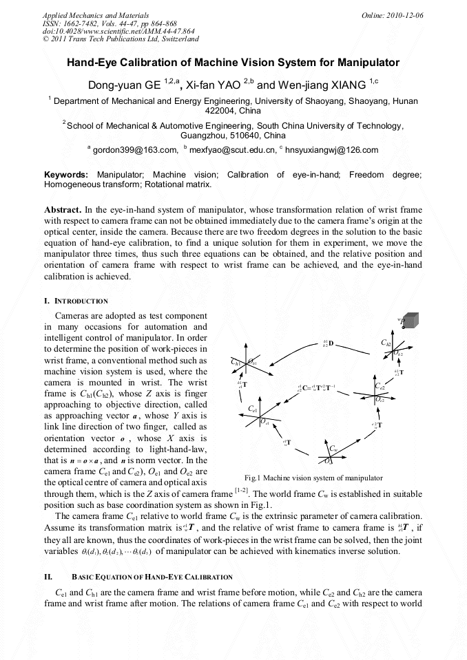 Hand-Eye Calibration of Machine Vision System for Manipulator ...