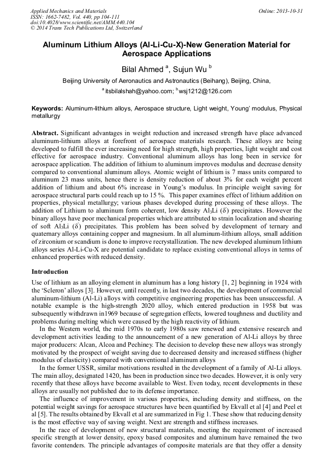 Aluminum Lithium Alloys (Al-Li-Cu-X)-New Generation Material for ...