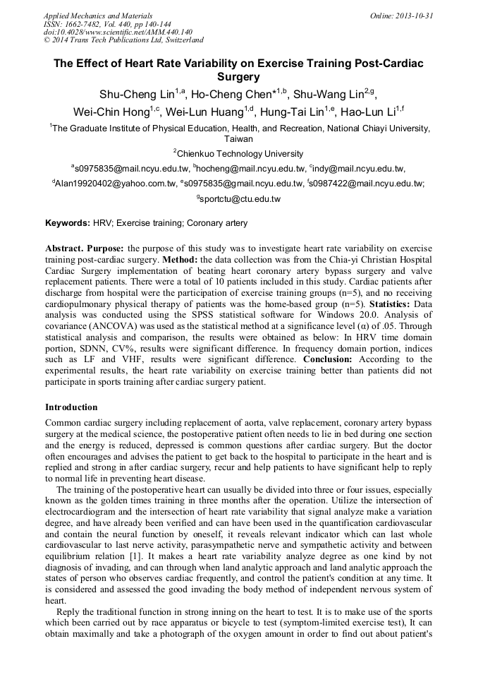 The Effect of Heart Rate Variability on Exercise Training Post-Cardiac ...