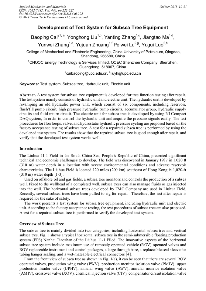 Development of Test System for Subsea Tree Equipment | Scientific.Net
