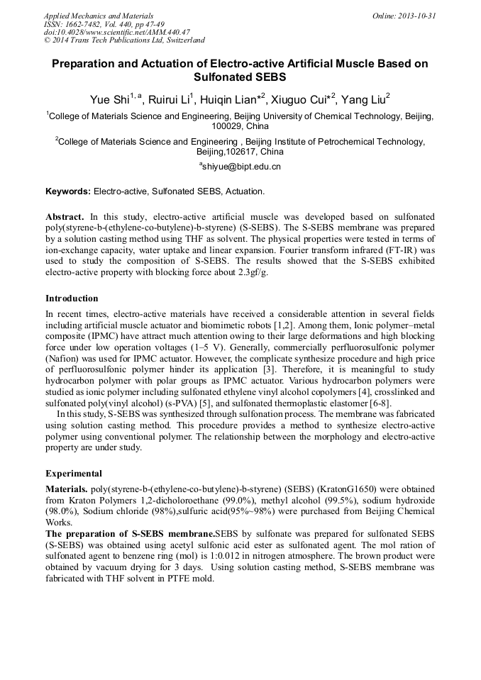 Preparation and Actuation of Electro-Active Artificial Muscle Based on ...