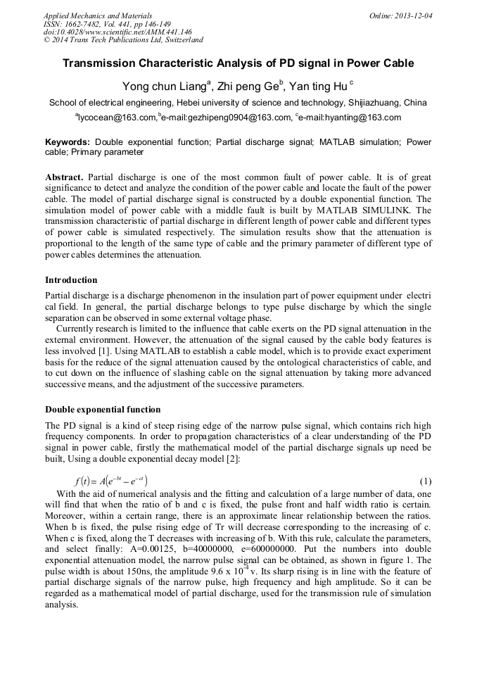 Transmission Characteristic Analysis of PD Signal in Power Cable ...