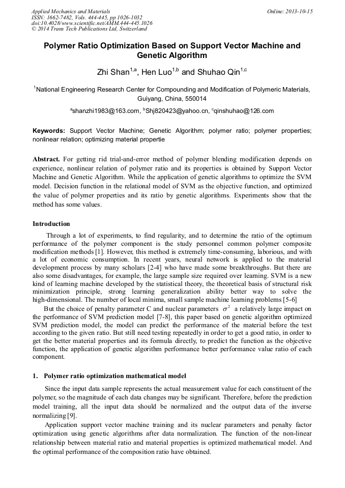 Polymer Ratio Optimization Based on Support Vector Machine and Genetic ...