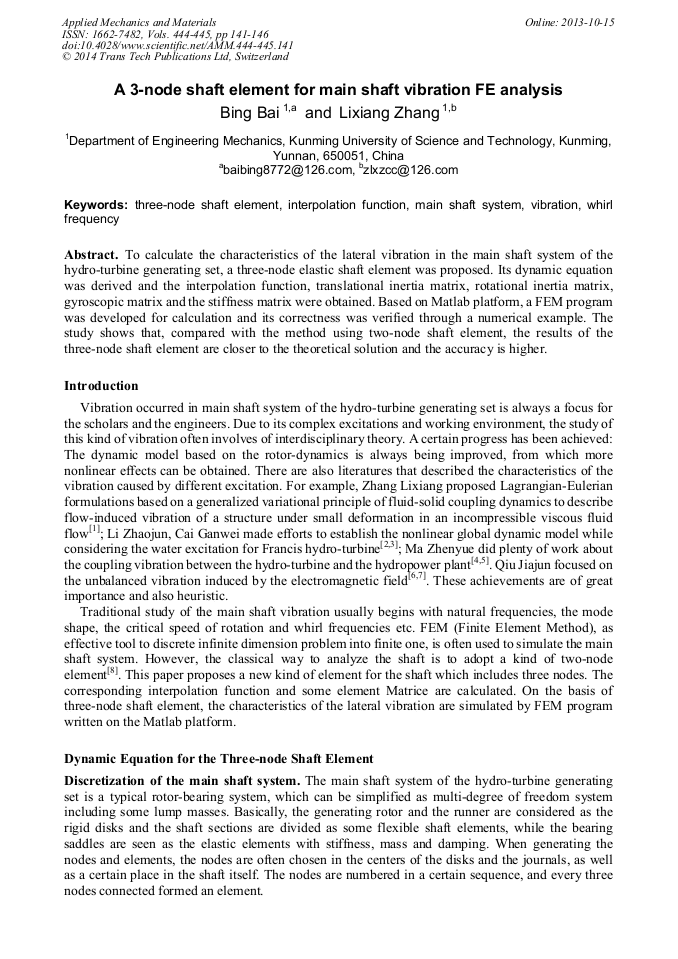 A 3-node Shaft Element for Main Shaft Vibration FE Analysis ...
