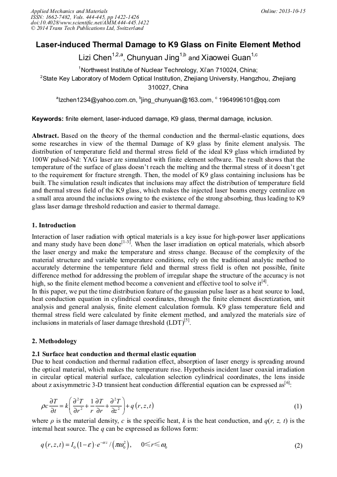 Laser-Induced Thermal Damage to K9 Glass on Finite Element Method ...