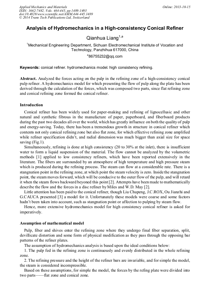 Analysis of Hydromechanics in a High-Consistency Conical Refiner ...