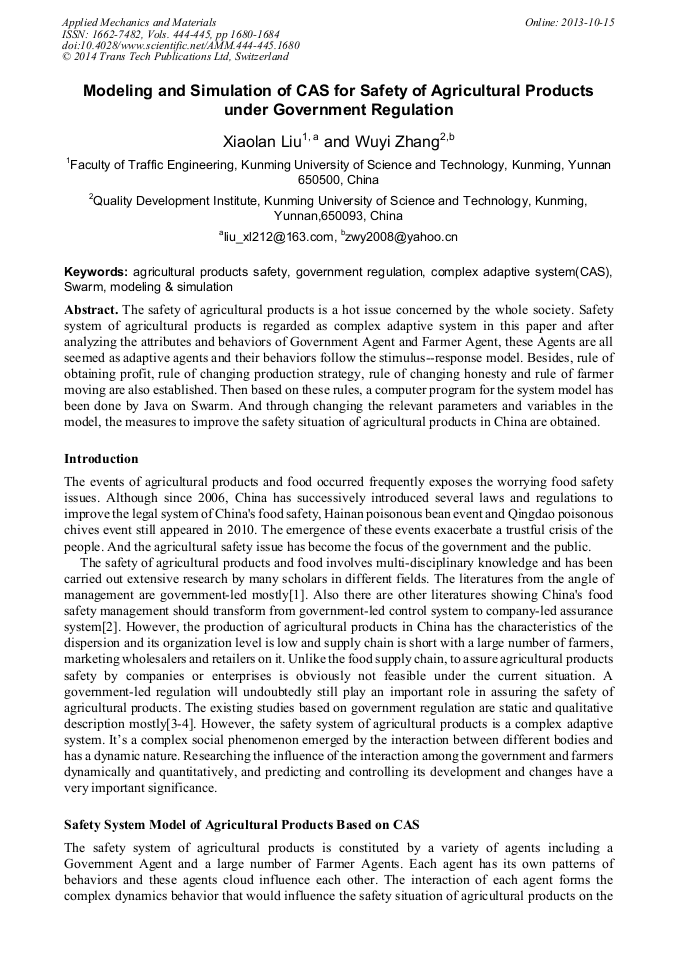 Modeling and Simulation of CAS for Safety of Agricultural Products ...