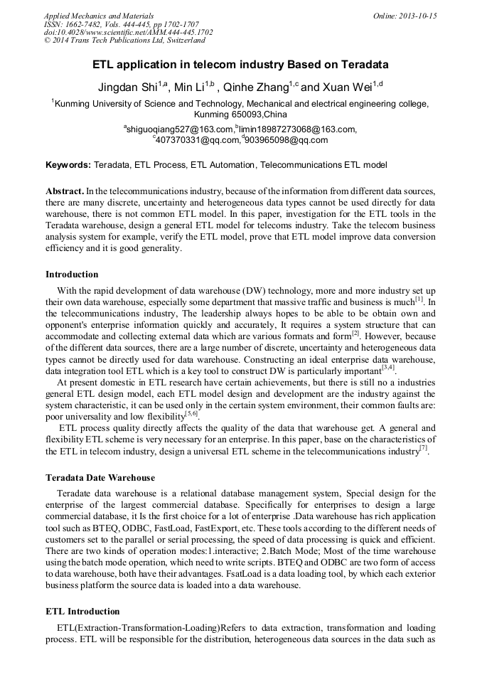 ETL Application in Telecom Industry Based on Teradata | Scientific.Net