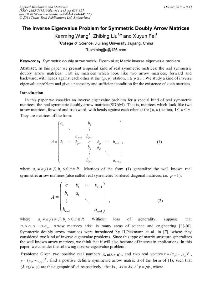 The Inverse Eigenvalue Problem for Symmetric Doubly Arrow Matrices | Scientific.Net